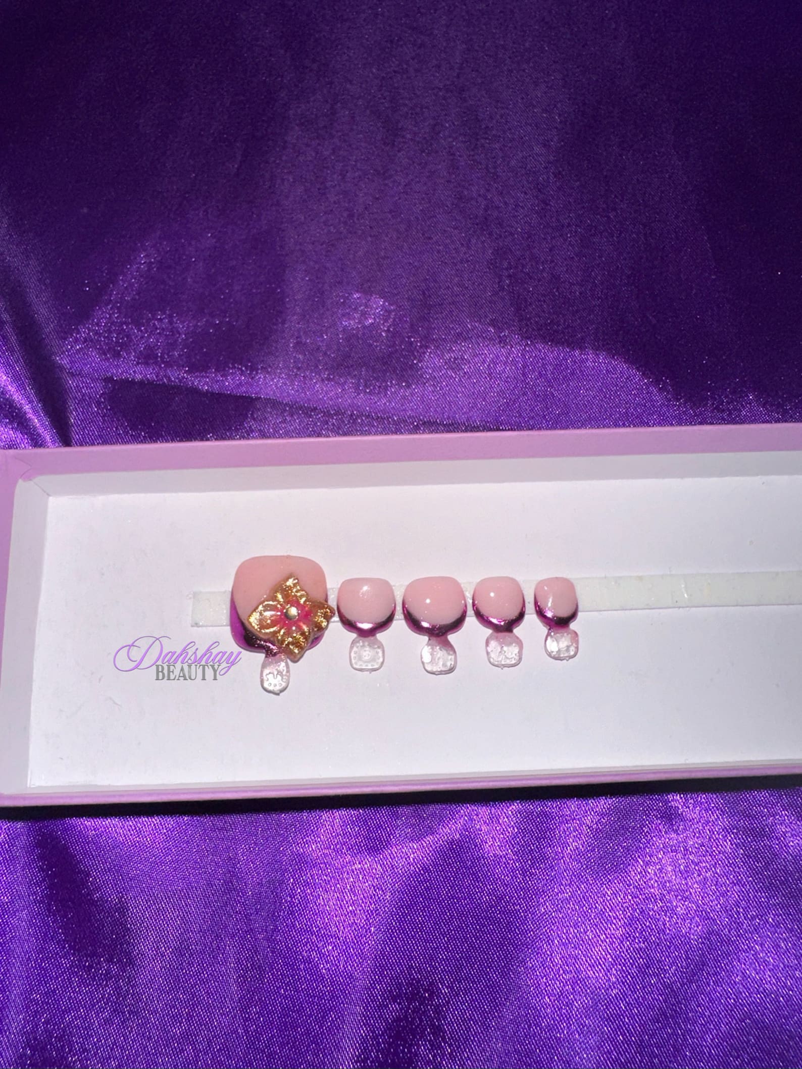 Chrome Pink French Tip Toe Nail Set | 20 Pcs Toe Nails Set | 3D Flower ...