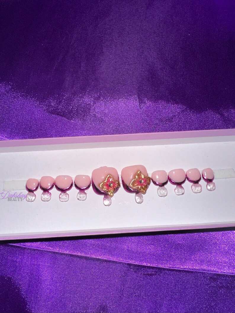 Chrome Pink French Tip Toe Nail Set | 20 Pcs Toe Nails Set | 3D Flower ...