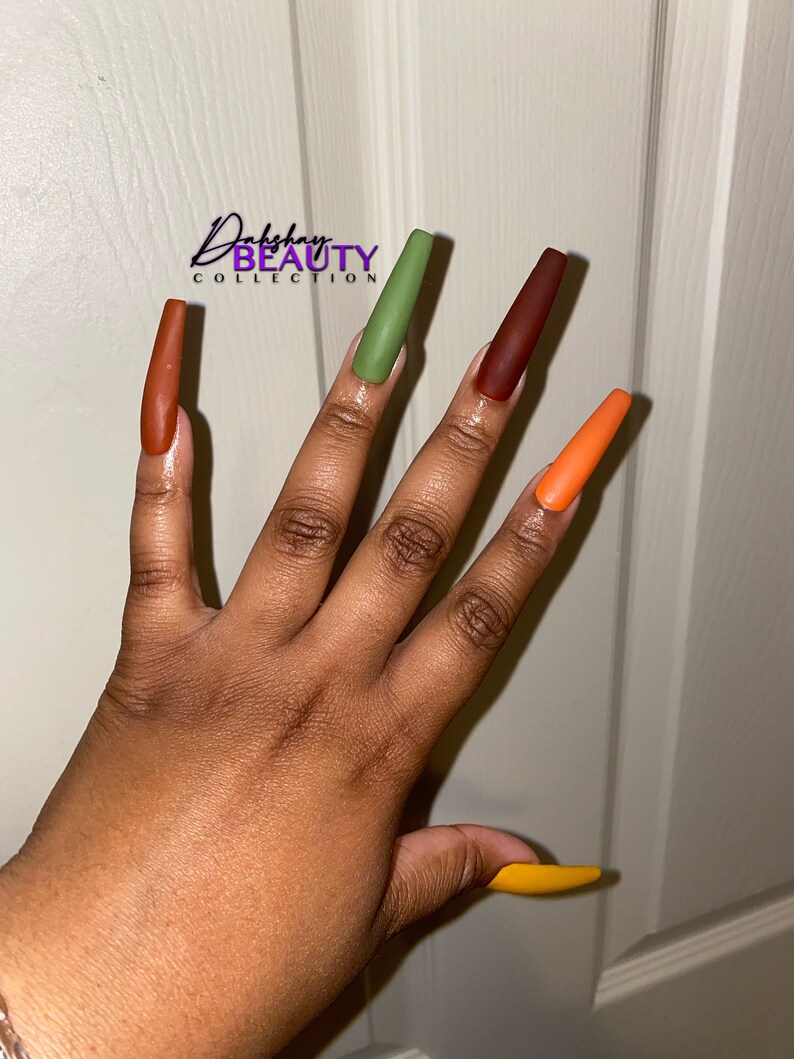 Fall Color Block Press on Nails Reusable Press on Nails - Etsy