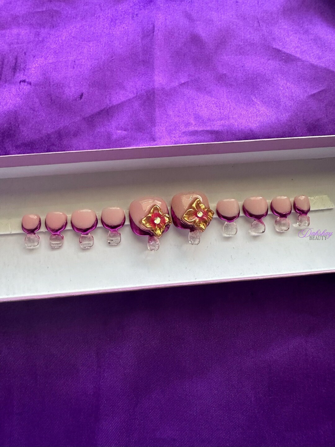 Chrome Pink French Tip Toe Nail Set | 20 Pcs Toe Nails Set | 3D Flower ...