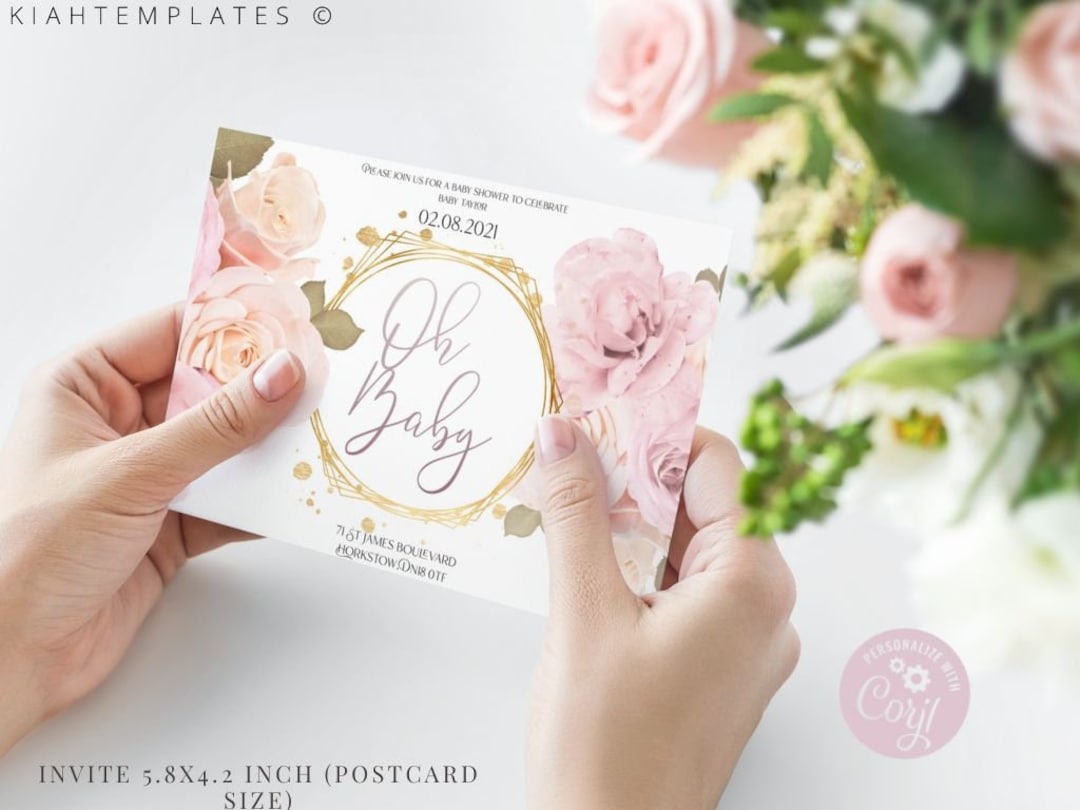 Editable Oh Baby Invitation Template, Blush and Gold Baby Shower ...