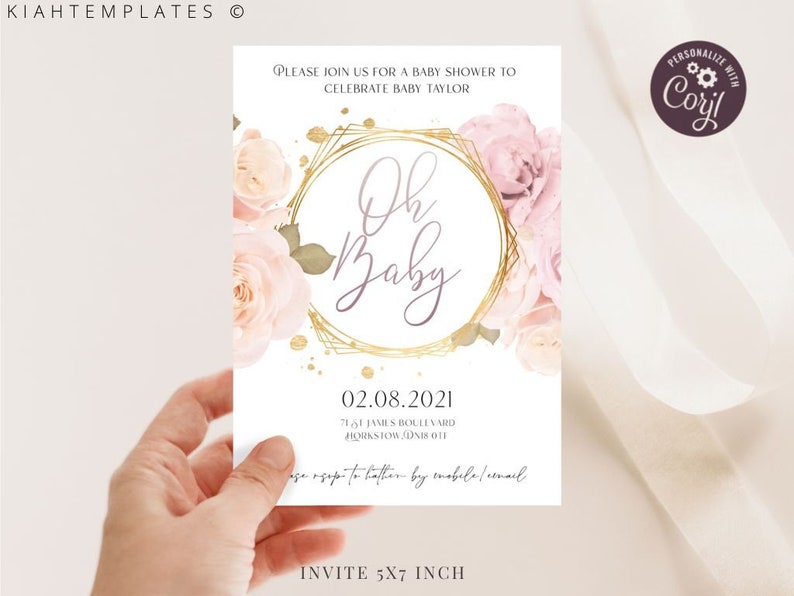 Editable Oh Baby Invitation Template, Blush and Gold Baby Shower ...