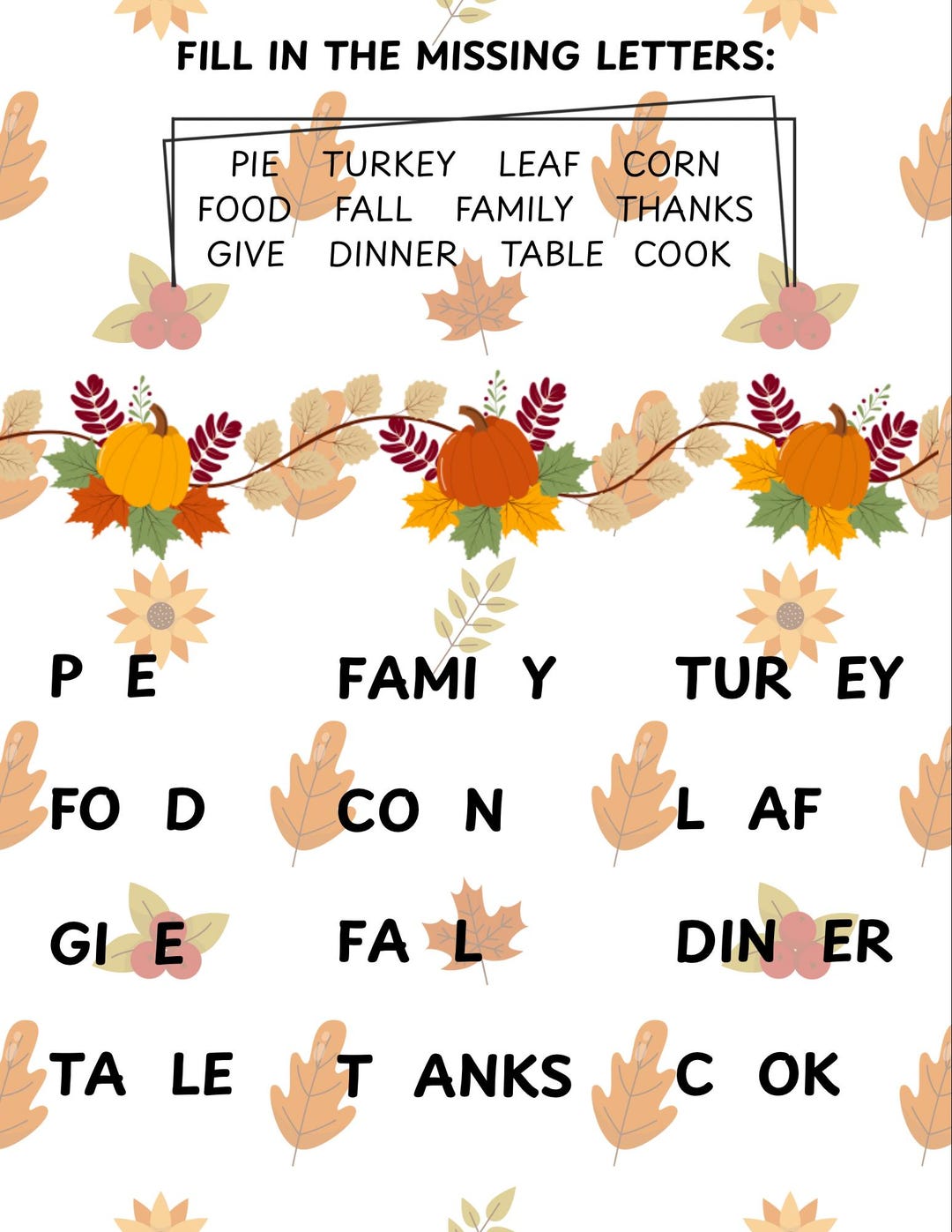 Thanksgiving Fill in the Word Worksheet - Etsy