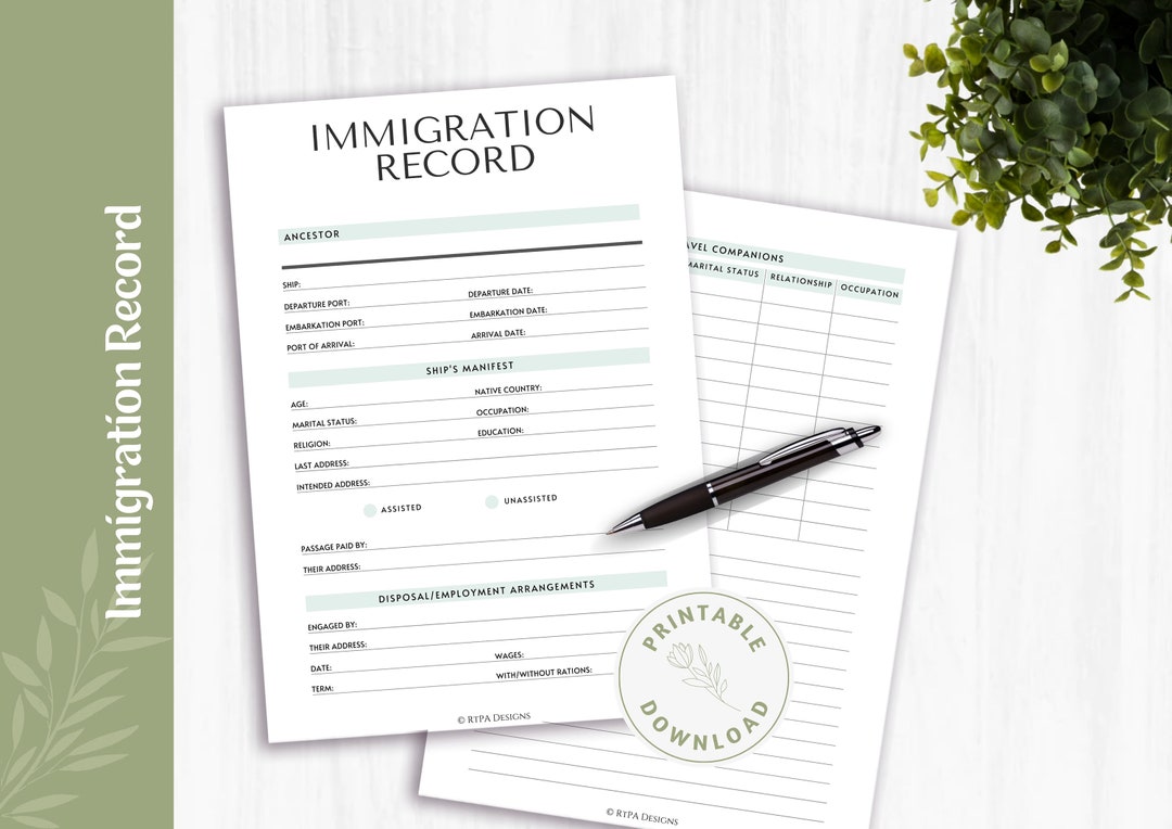 Immigration Record Worksheet | Family History | • Three Colours - Etsy