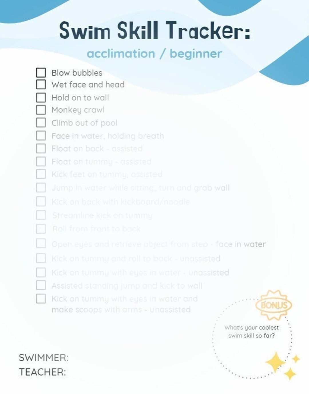 Swim Lesson Progress Tracker Game Acclimation / Beginner Level - Etsy