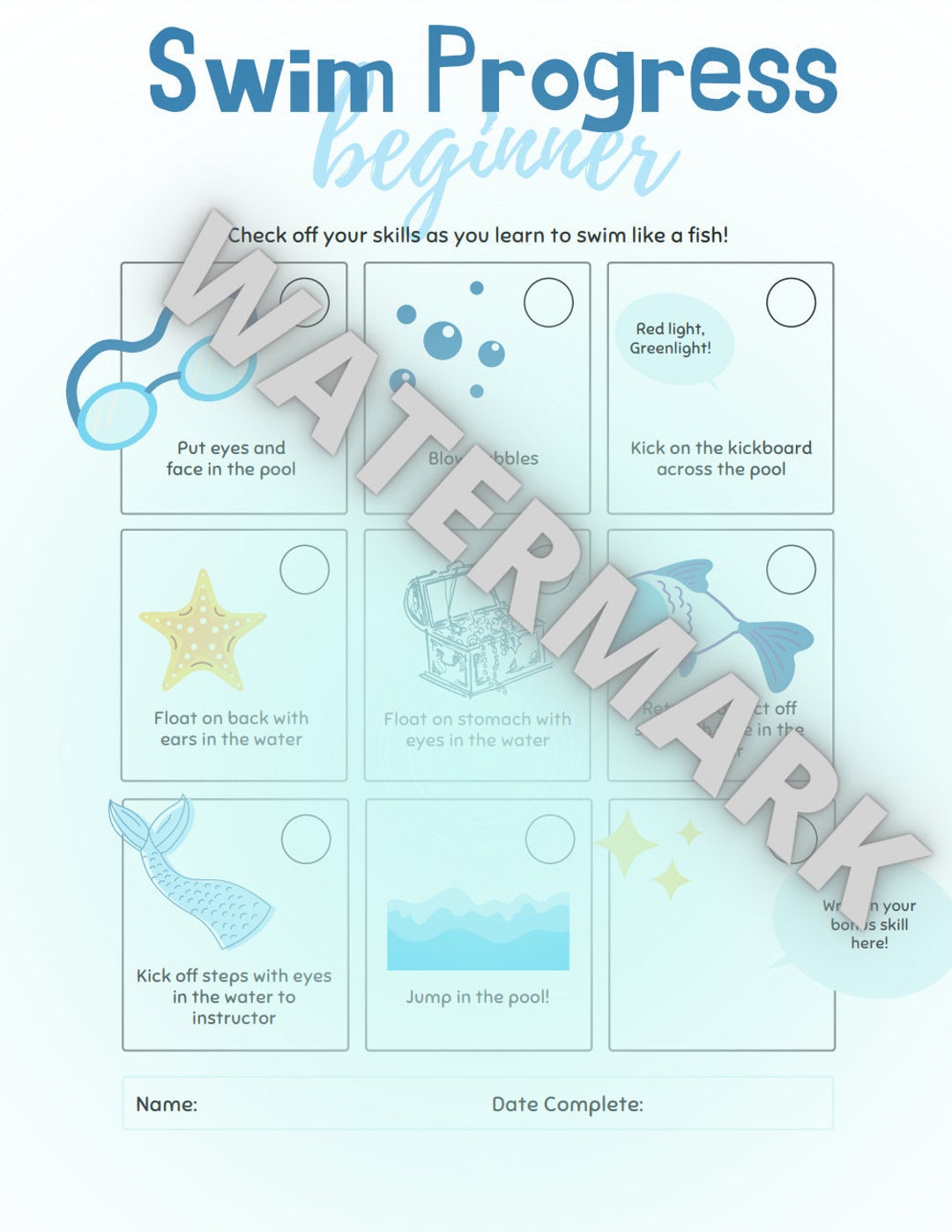 Swim Lesson Progress Tracker, Beginner Swimming Skills - Etsy