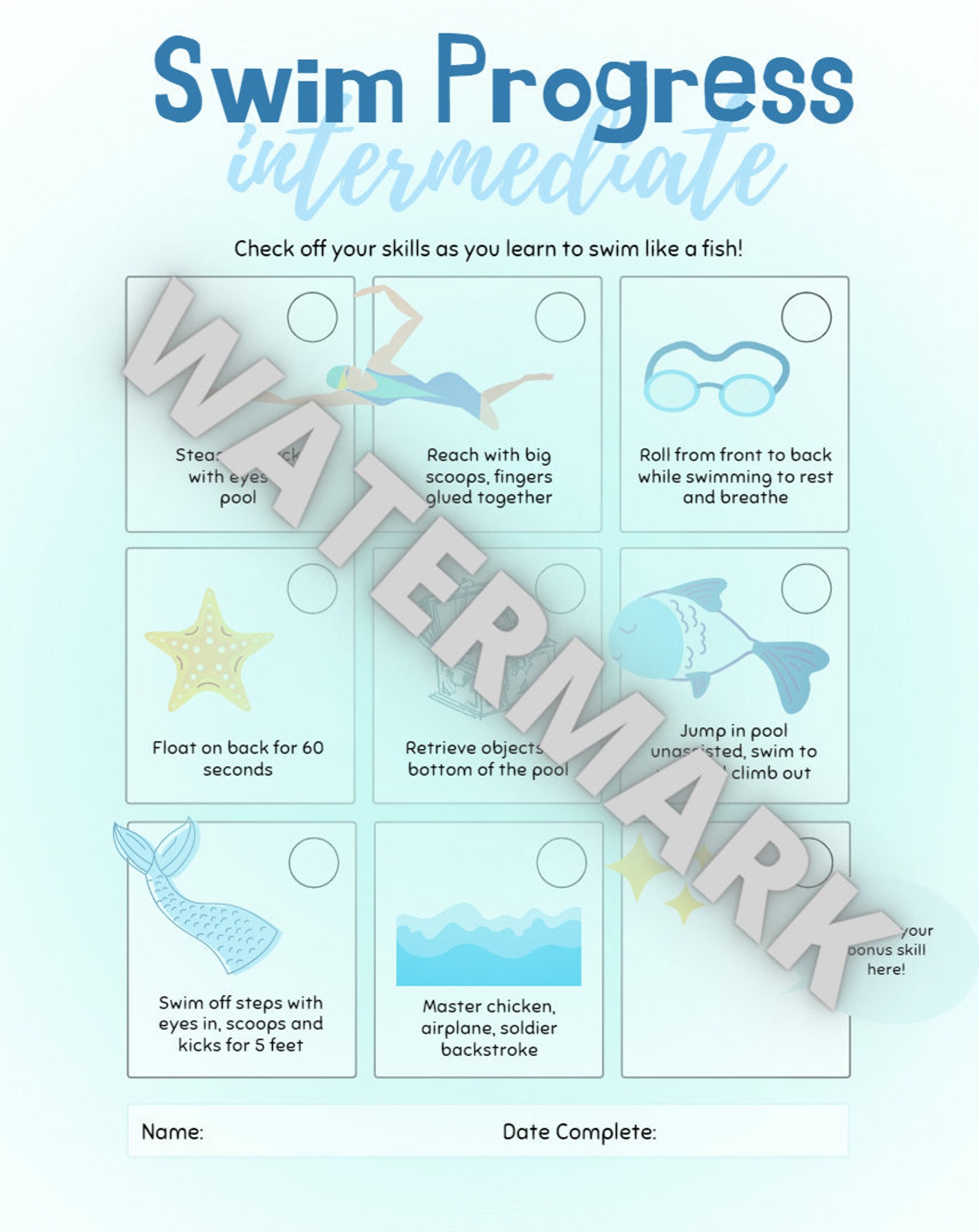 Swim Lesson Progress Tracker, Intermediate Swimming Skills - Etsy