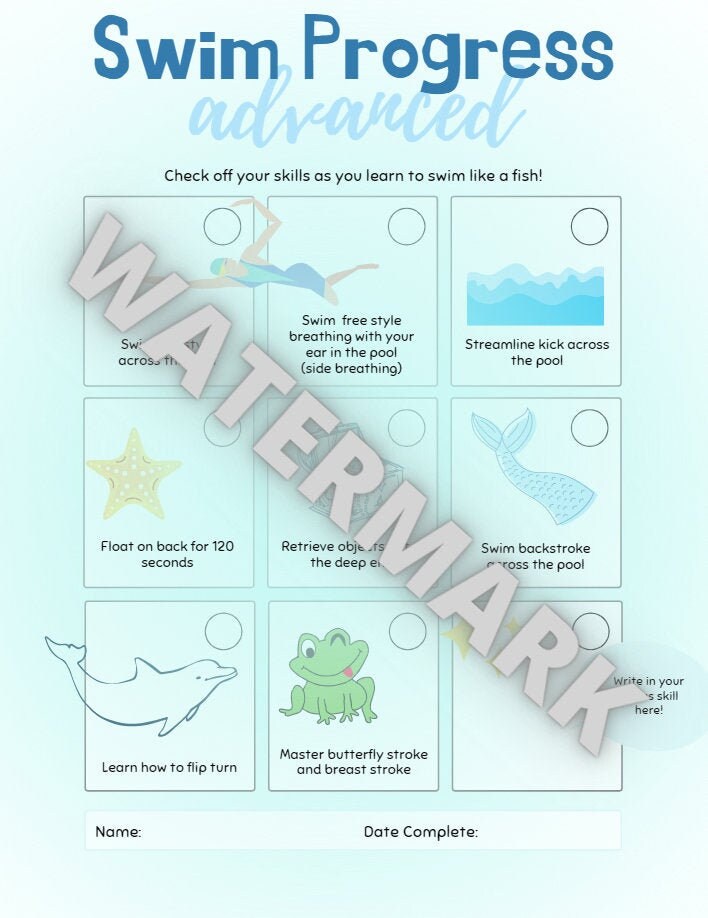 Swim Lesson Progress Tracker, Advanced Swimming Skills - Etsy