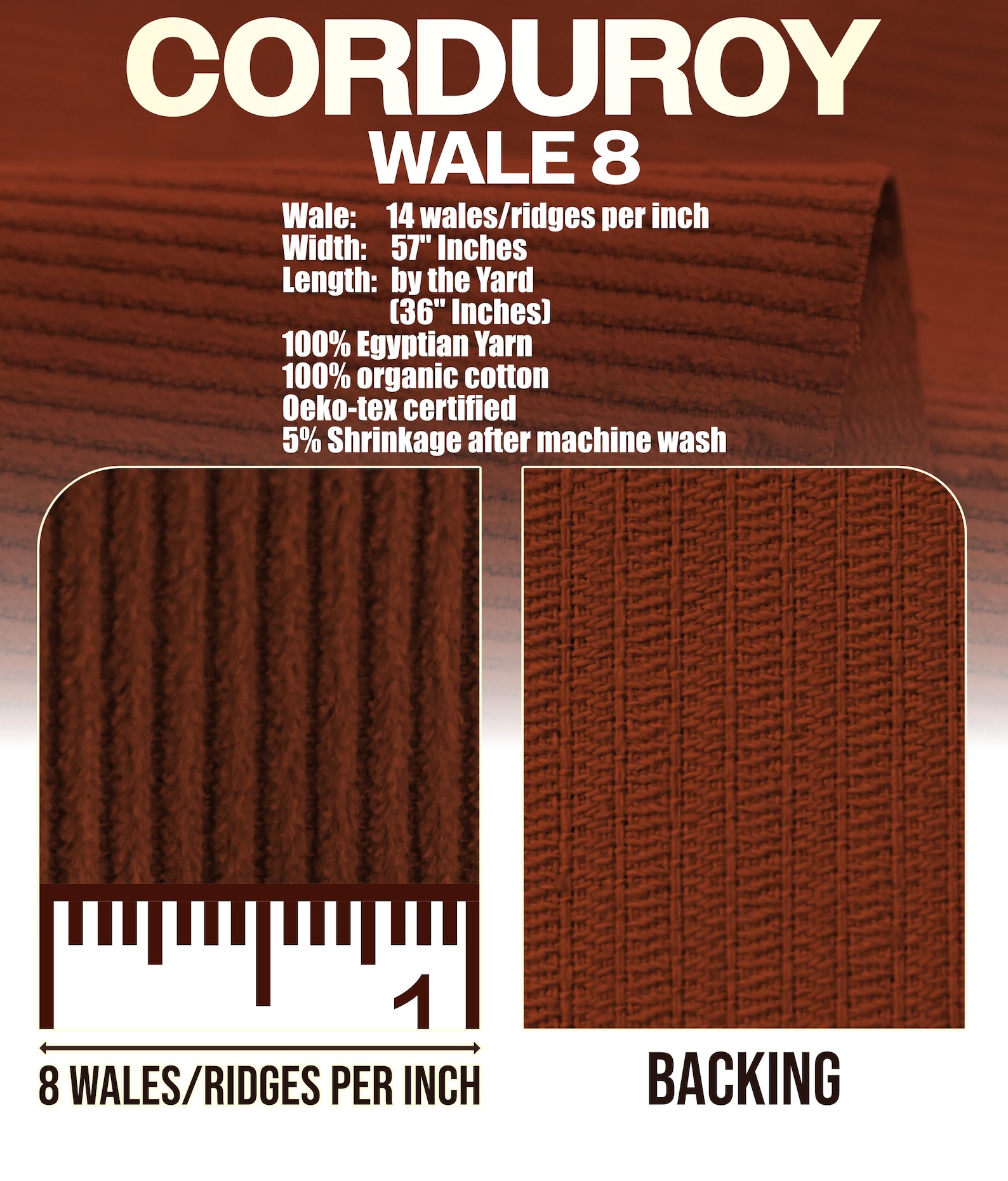 Corduroy Fabric 8 Wale Apparel 290-300GSM Solid Color 58
