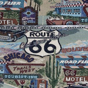 Highway ROUTE 66, Classic Retro TAPESTRY Fabric - Motel, Diner, Gas ...