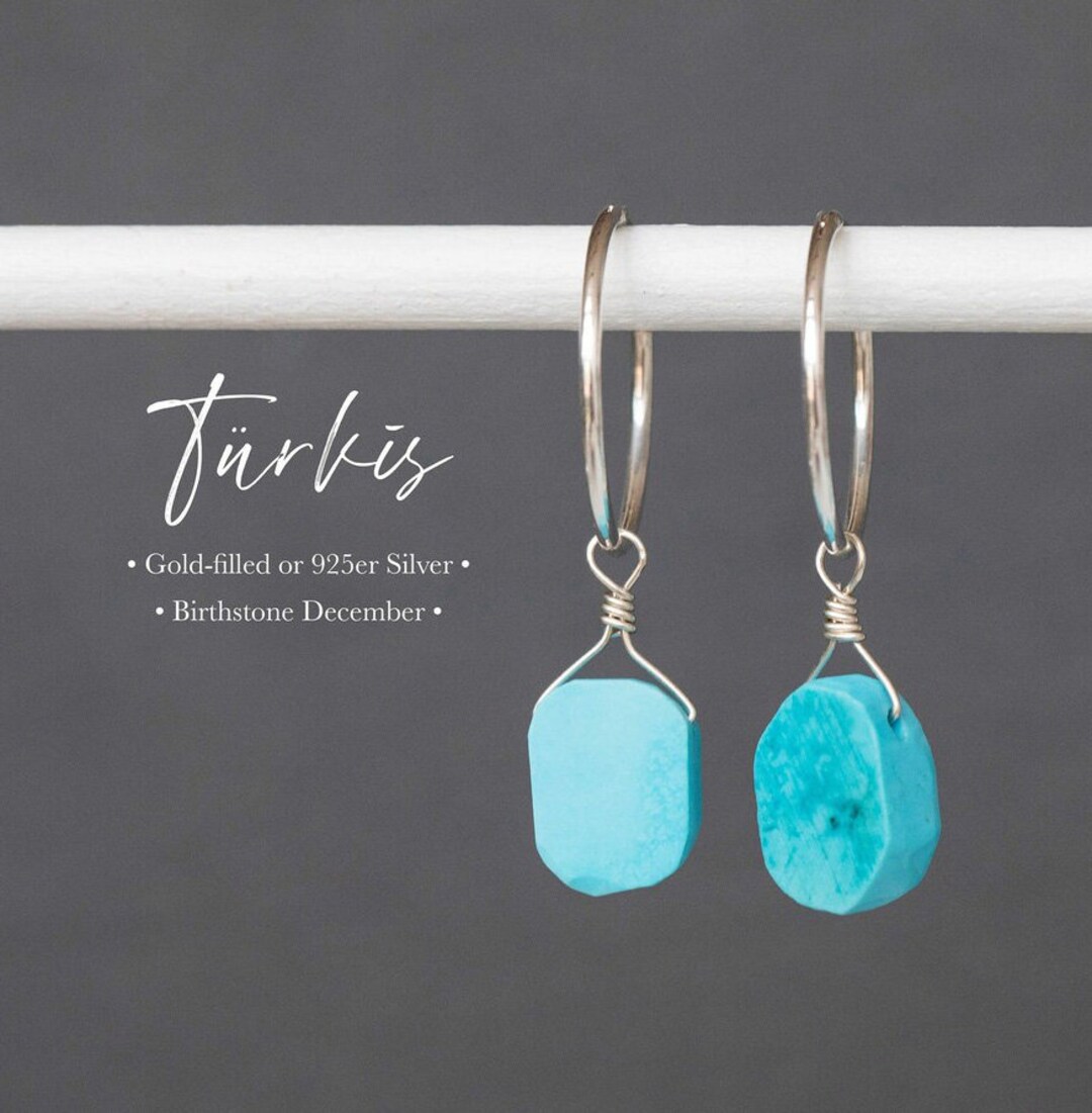 Turquoise Hoop Earrings, December Birthstone, Raw Crystal Earrings ...