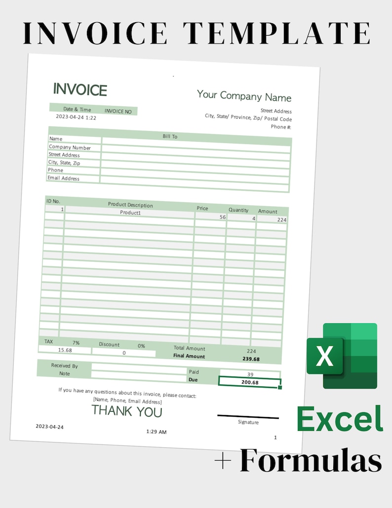 Invoice Template With Excel Formulas| Automatic Calculations| Customizable| Editable Printable ...