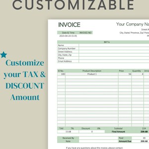 Invoice Template With Excel Formulas| Automatic Calculations| Customizable| Editable Printable ...