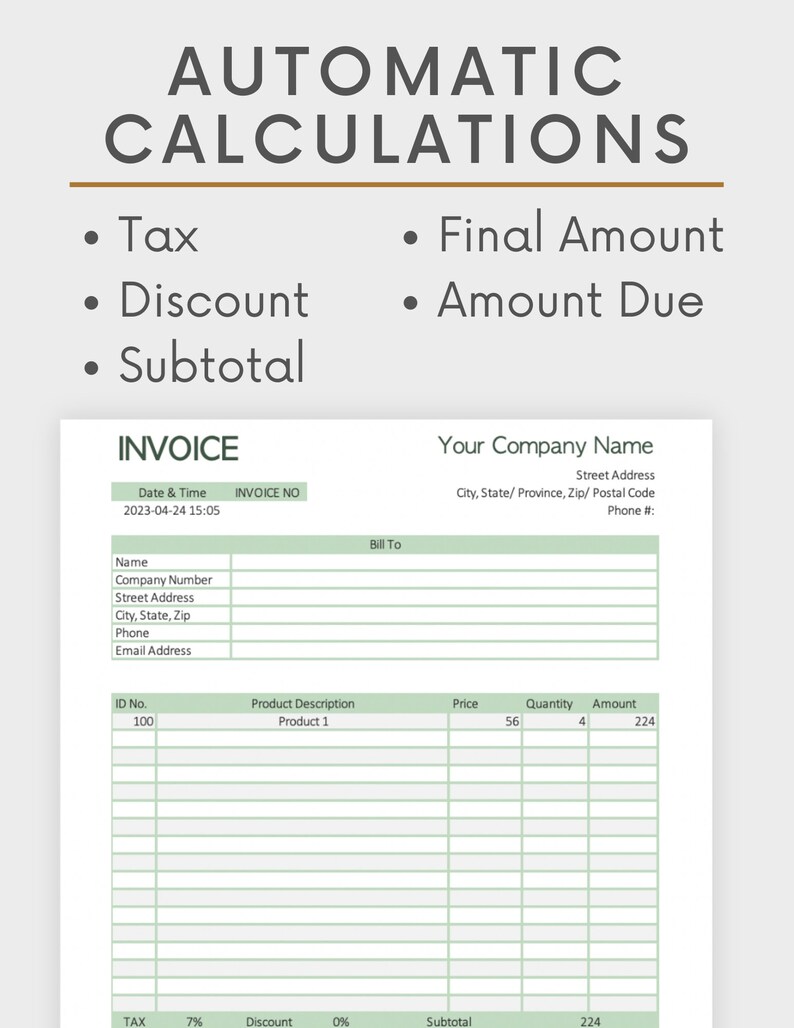 Invoice Template With Excel Formulas| Automatic Calculations ...