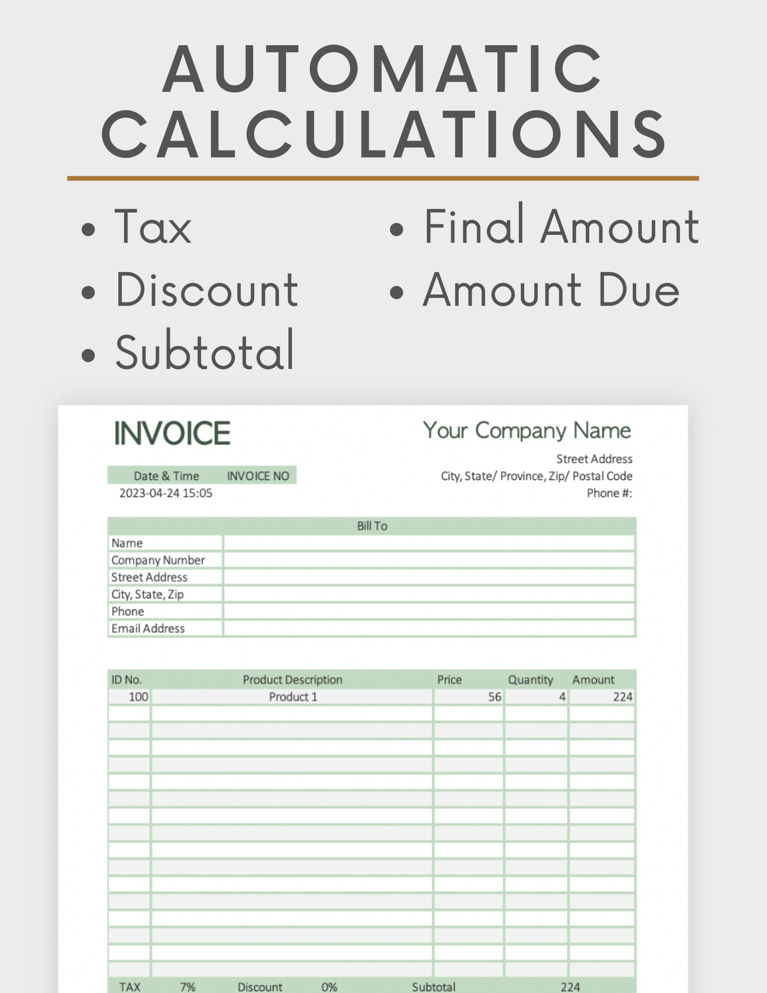 Invoice Template With Excel Formulas Automatic Calculations Customizable Editable Printable 1337