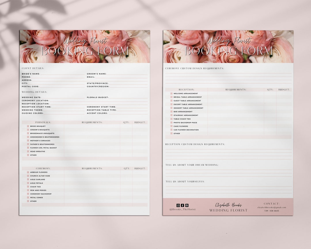 Florist Wedding Booking Form / Wedding Order Forms / Florist Marketing ...