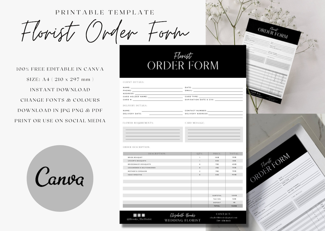 Florist Order Form Template, Canva Order Forms for Florist, Editable ...