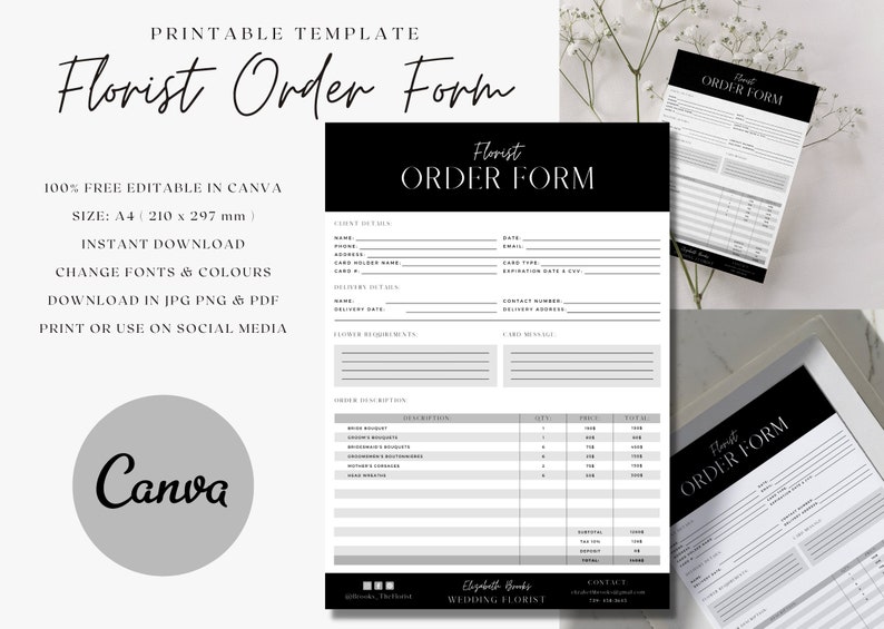 Florist Order Form Template Canva Order Forms for Florist | Etsy