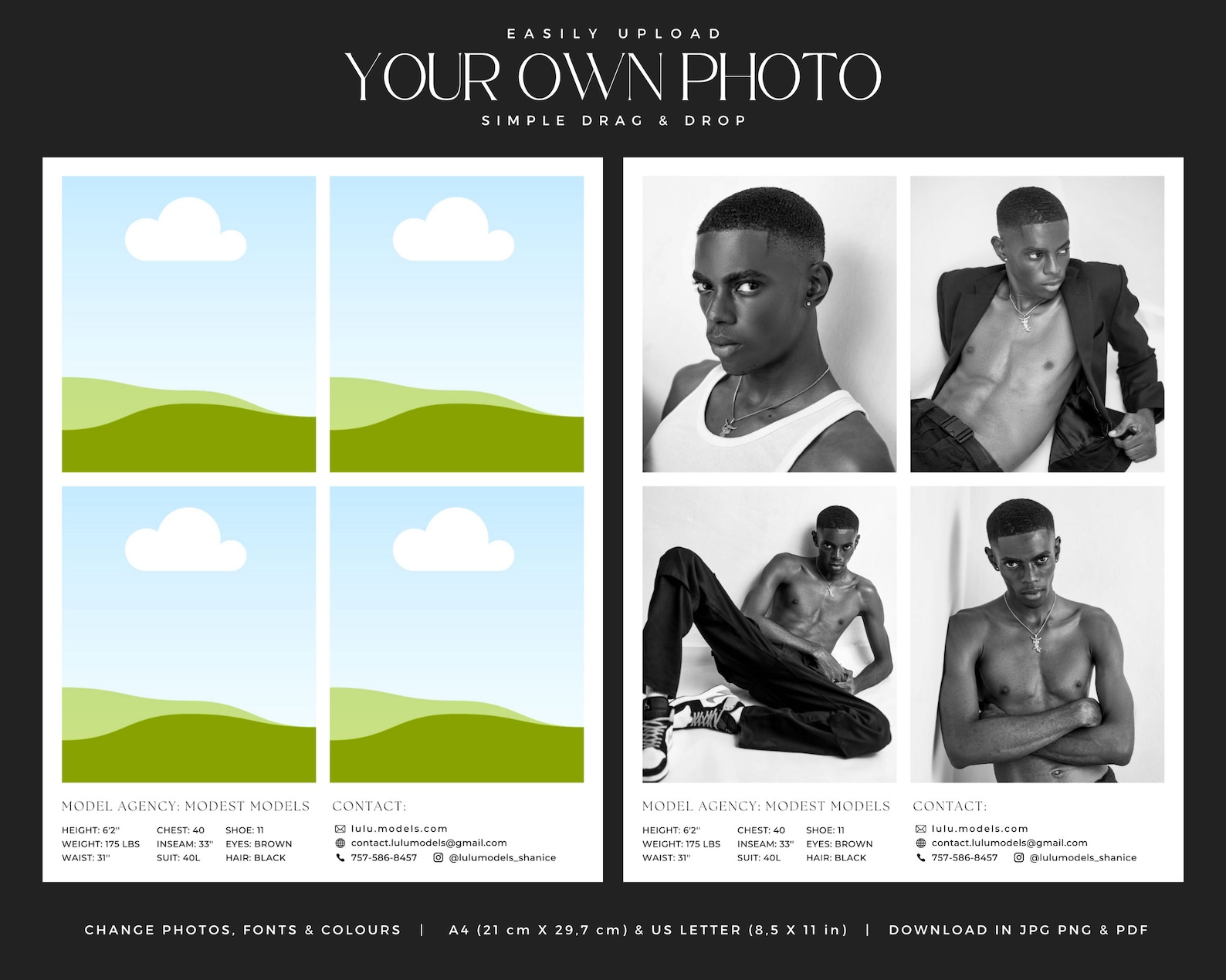 Male Model Comp Card / Canva Template / Actor, Men's Fashion Model Zed ...
