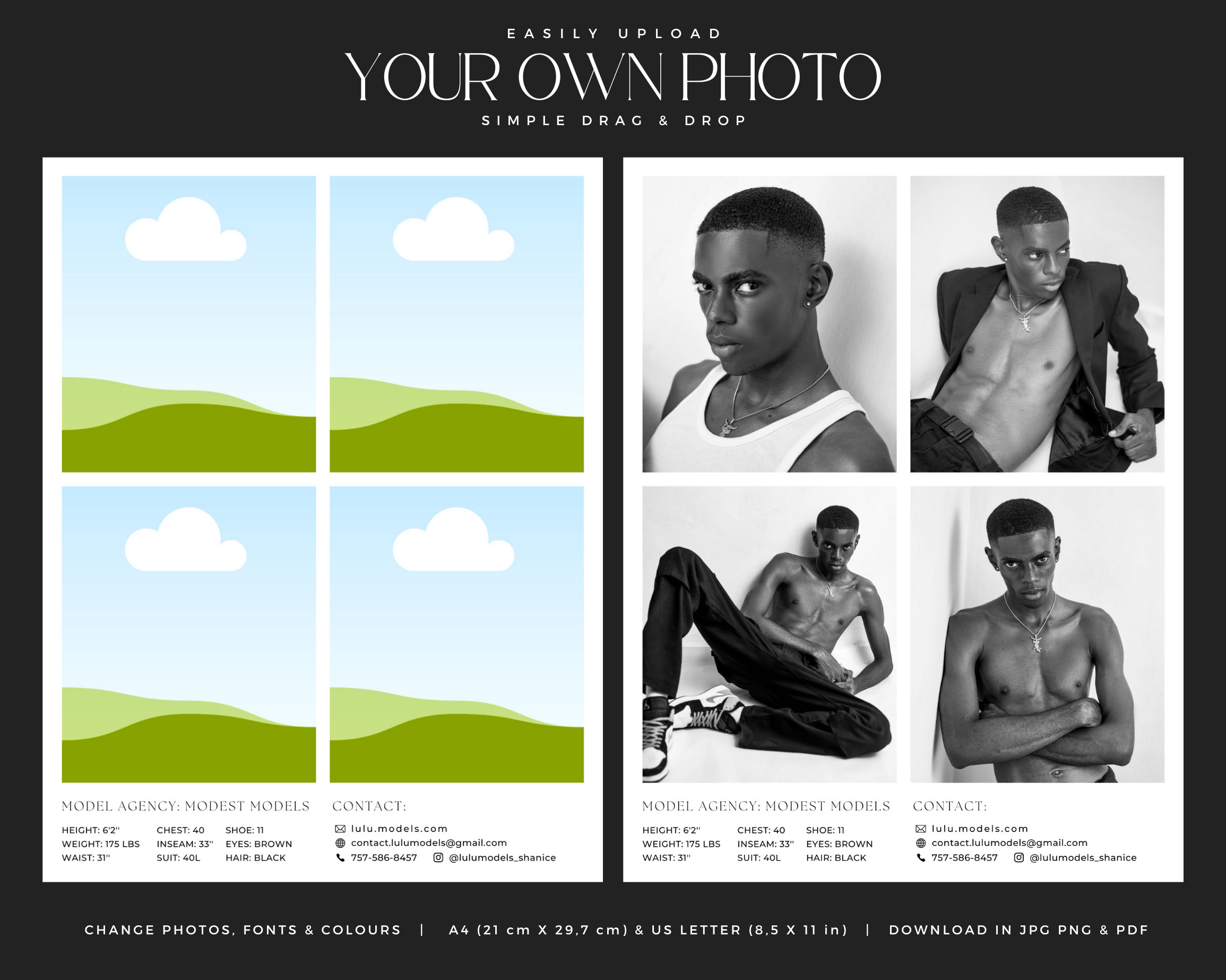 Male Model Comp Card / Canva Template / Actor, Men's Fashion Model Zed ...