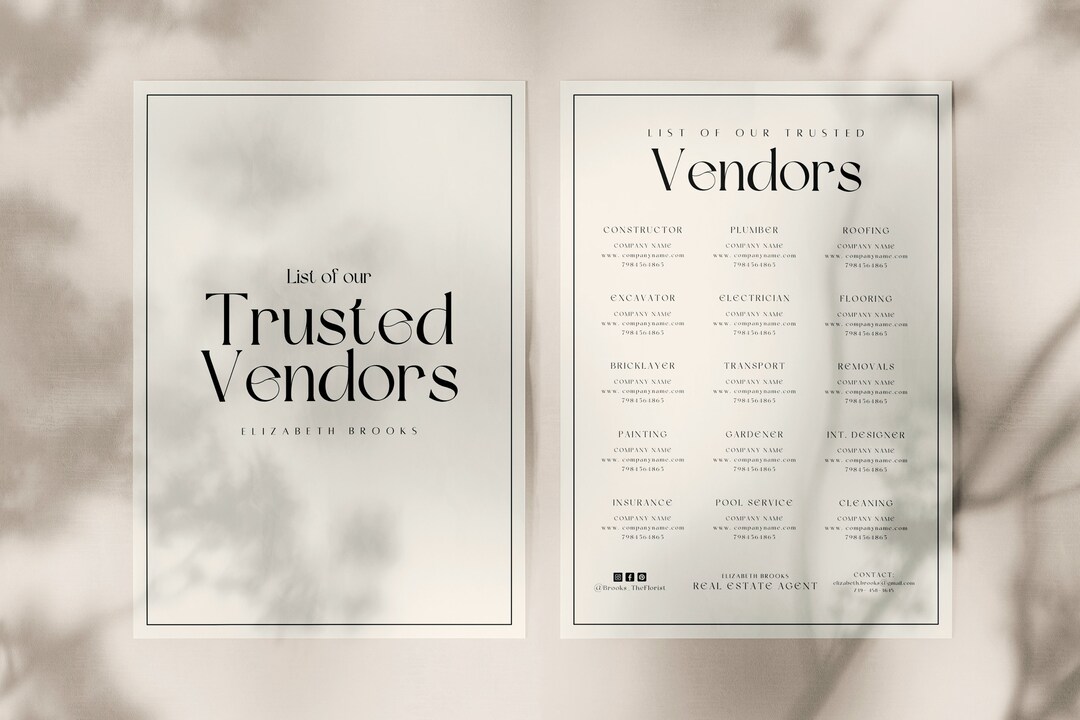 Vendor List, Editable Template, Real Estate Marketing, Trusted Vendors ...