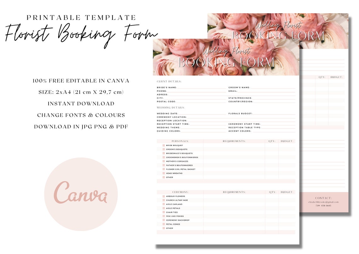 Florist Wedding Booking Form / Wedding Order Forms / Florist - Etsy