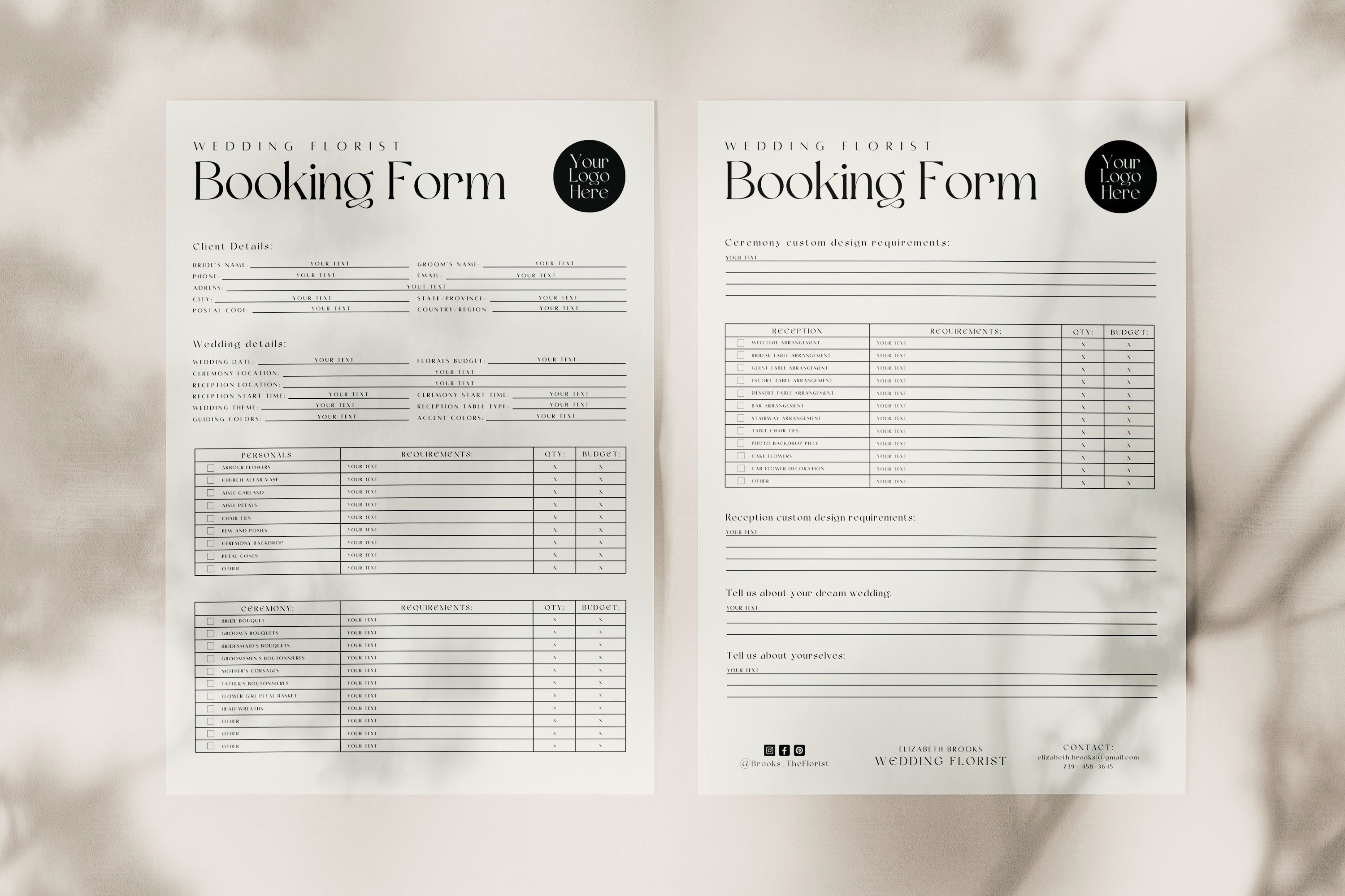 Florist Wedding Booking Form / Wedding Order Forms / Florist - Etsy