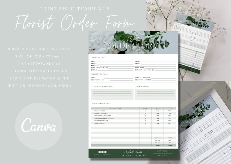 Florist Order Form Template Canva Order Forms for Florist - Etsy