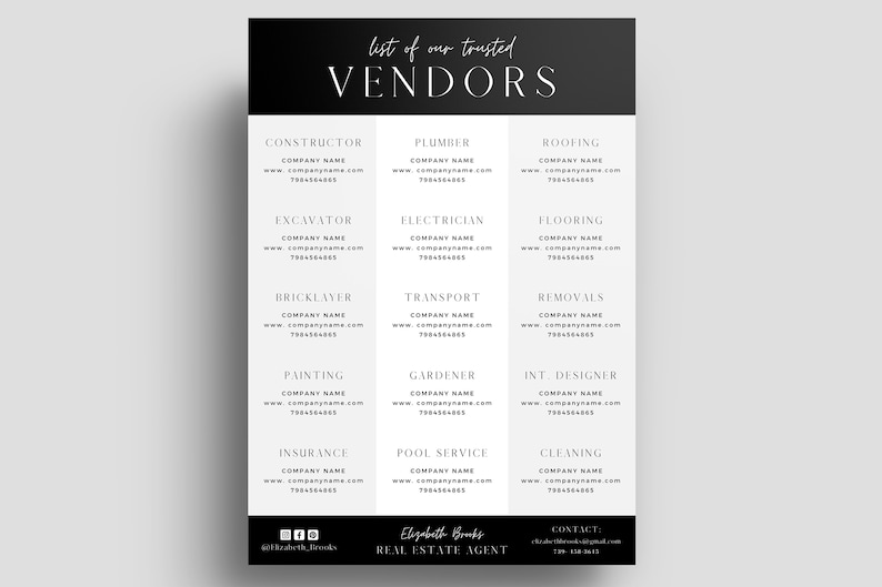 Vendor List Editable Template Real Estate Marketing Trusted - Etsy