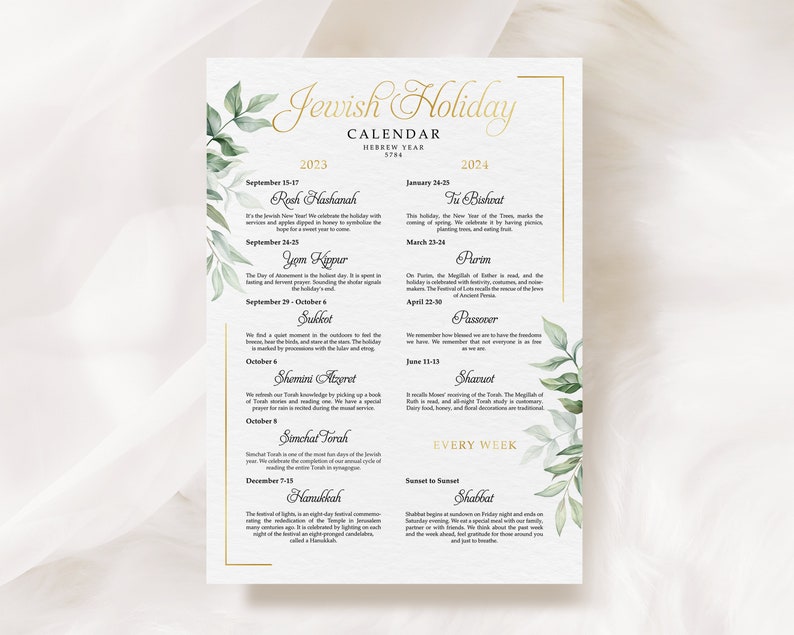 Jewish Holiday Calendar / Printable Hanukkah Calendar / Hebrew Calendar ...