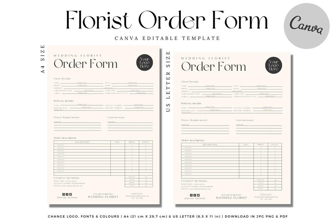 Florist Order Form Template / Canva Order Forms for Florist / - Etsy