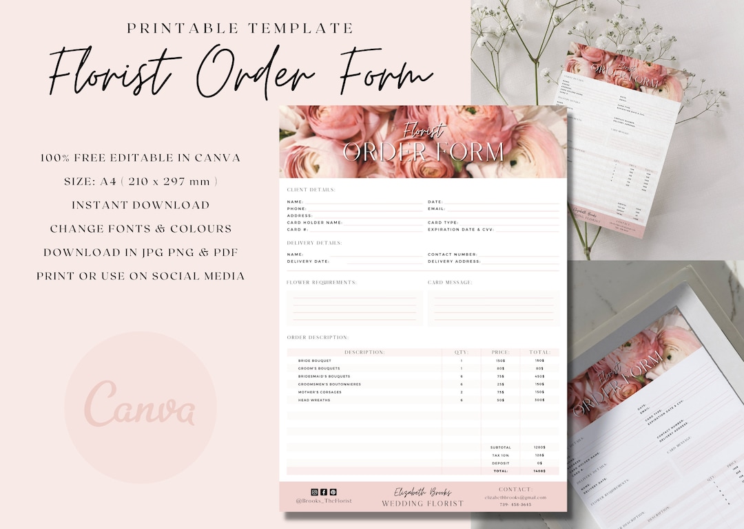 Florist Order Form Template, Canva Order Forms for Florist, Floral ...