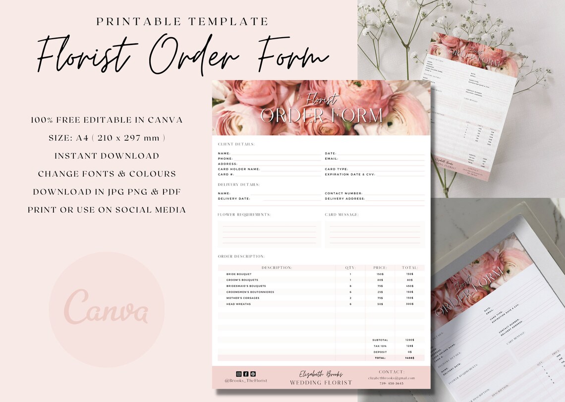 Florist Order Form Template, Canva Order Forms for Florist, Floral ...