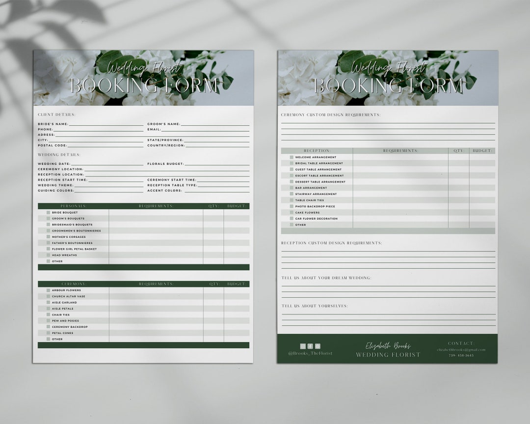 Florist Wedding Booking Form / Wedding Order Forms / Florist Marketing ...