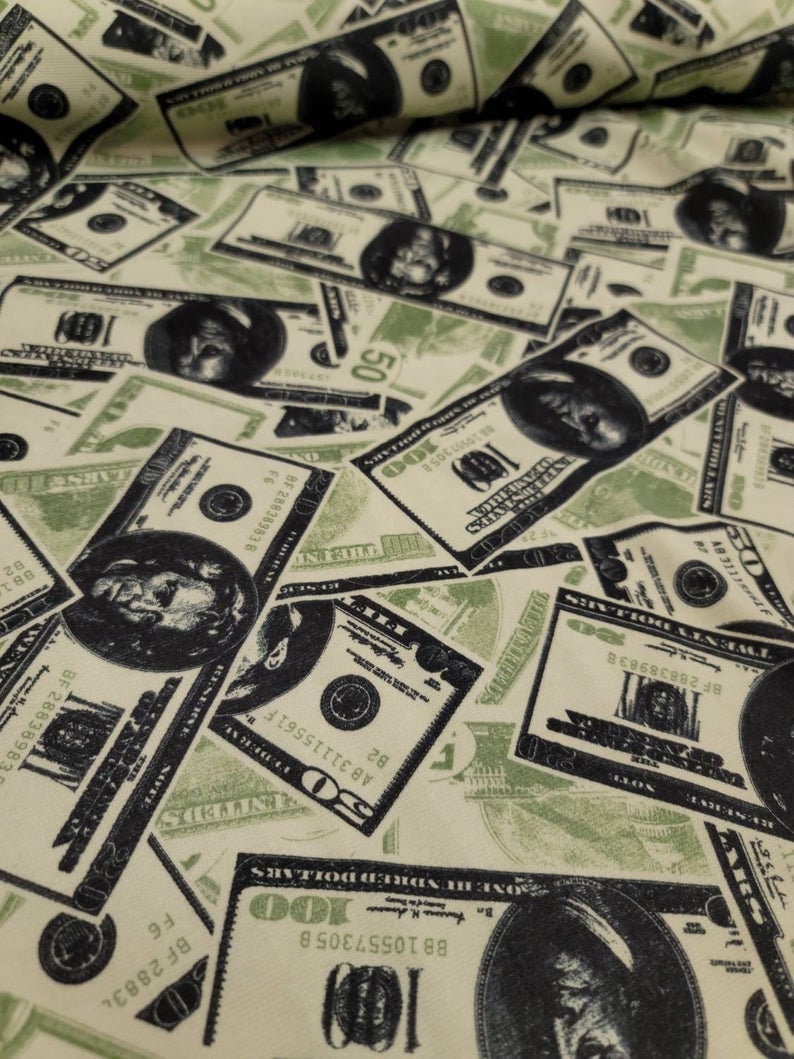 Fabric By The Yard Money Bill Dollar Print Green Black Stretch | Etsy