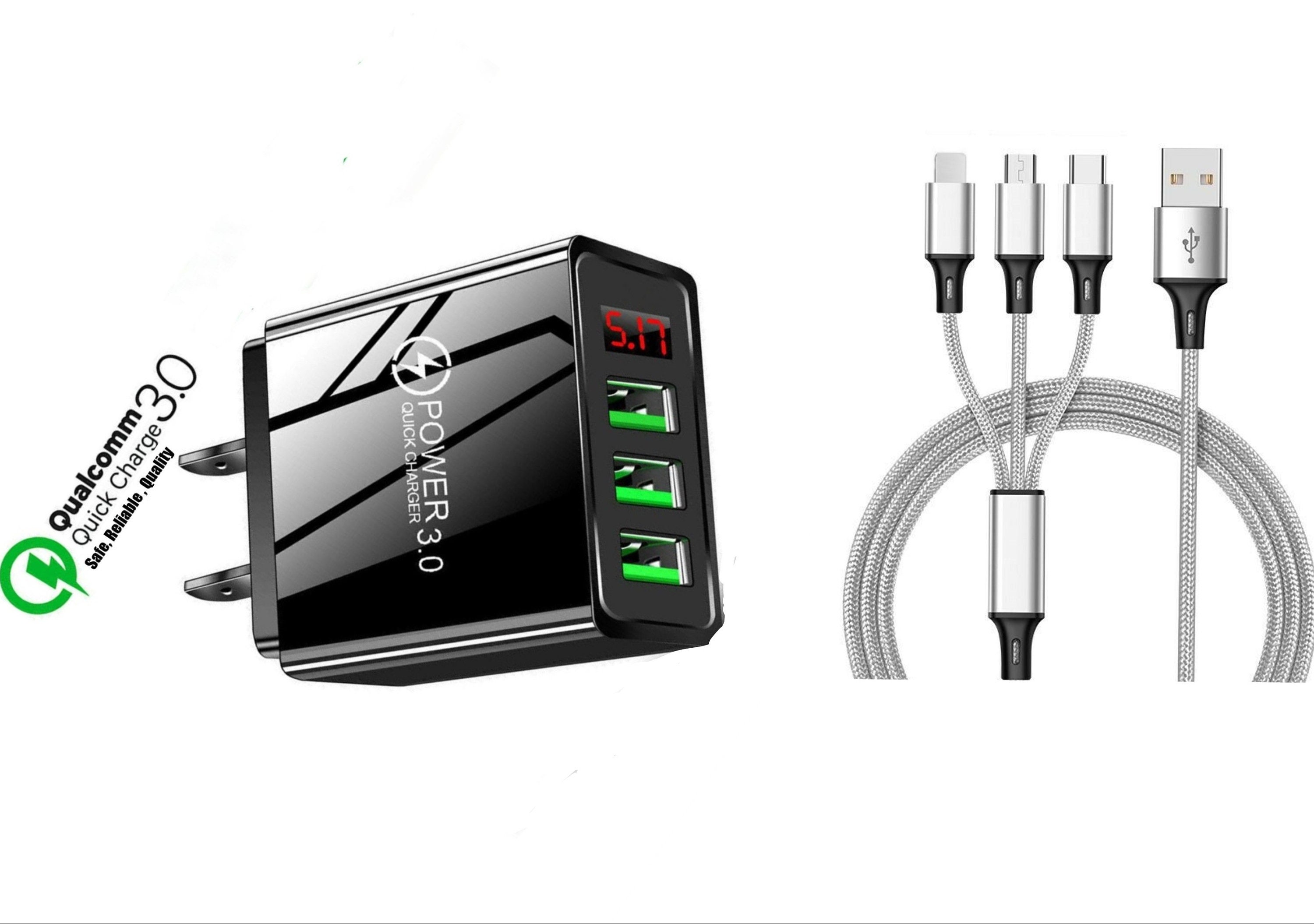 3 Port LED Display High Speed Wall Charger Black + 3 in 1 Cable Combo ...