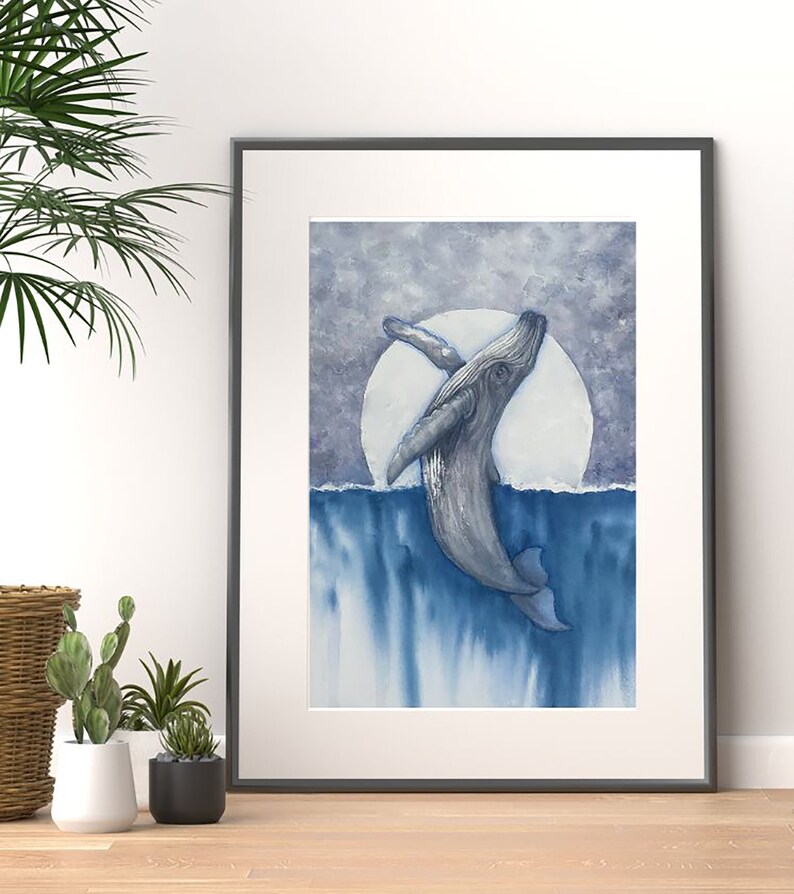 Whale Moon Watercolor Painting, Prints, and Cards: Humpback Whale Art ...