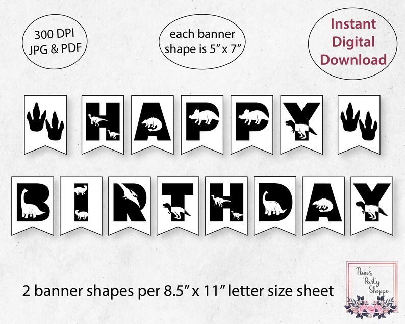Dinosaur Happy Birthday Banner, Printable DIY PDF, Swallowtail Design ...