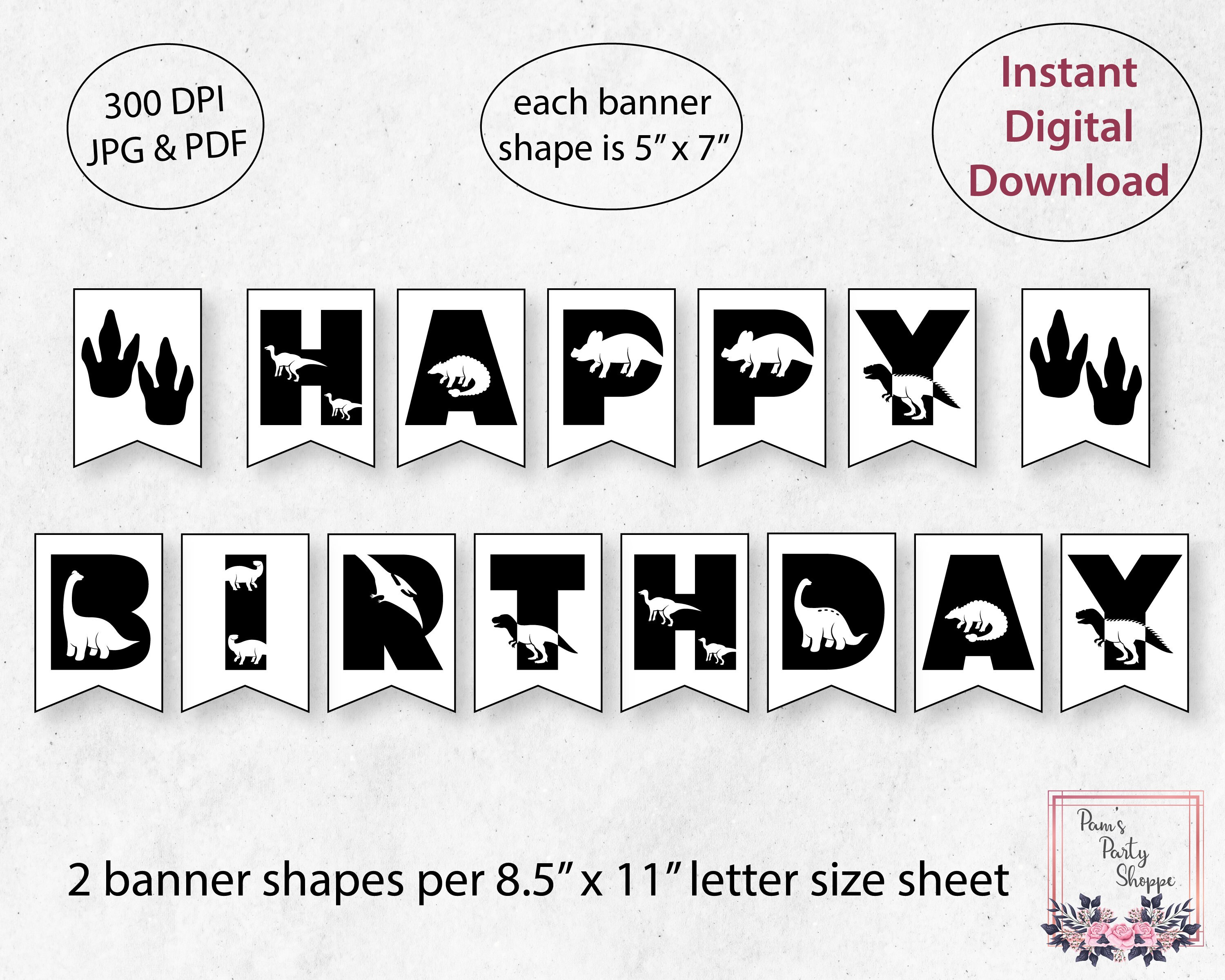 Dinosaur Happy Birthday Banner, Printable DIY PDF, Swallowtail Design ...