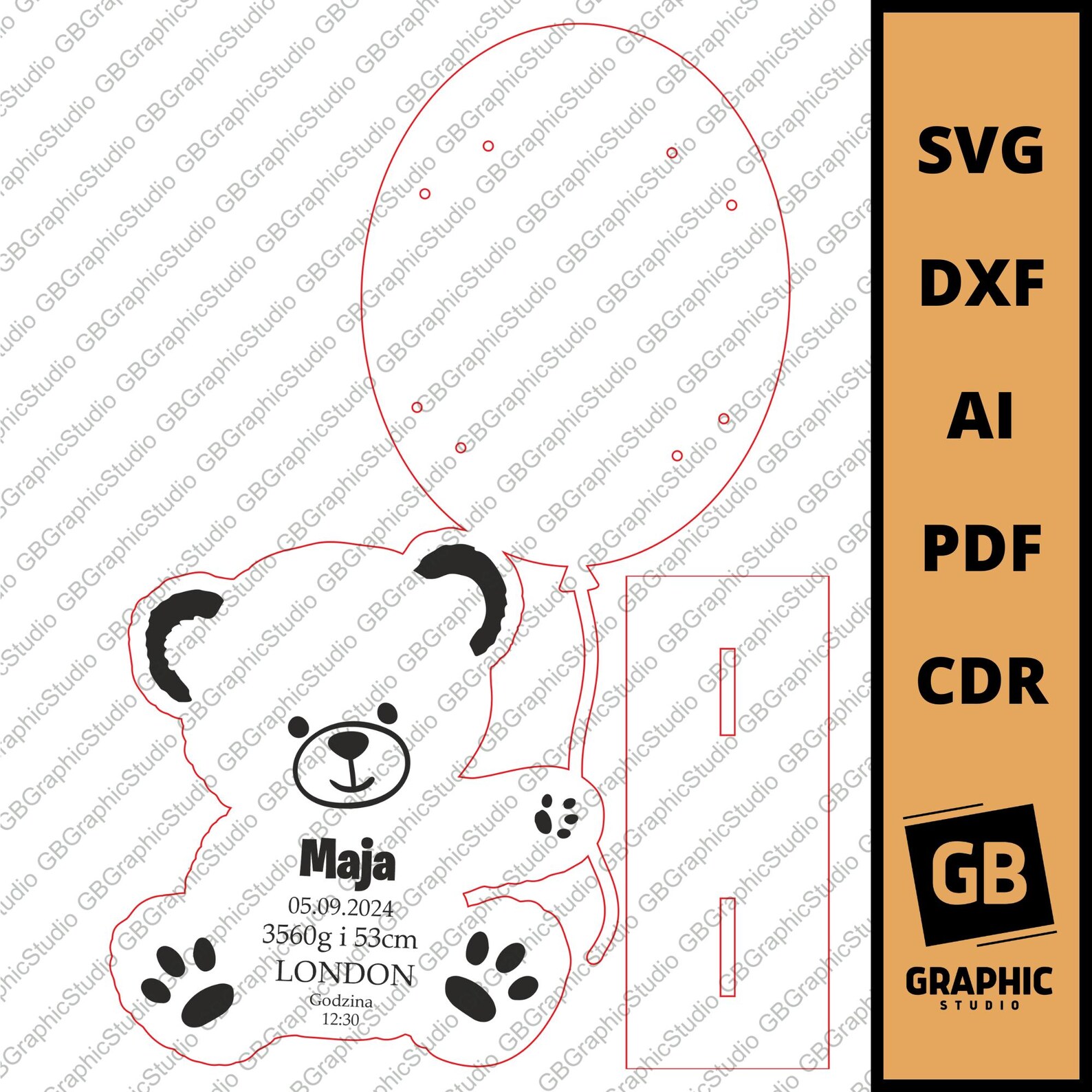 Teddy Bear Balloon Photo Frame SVG DXF: Custom Birth Details (digital ...