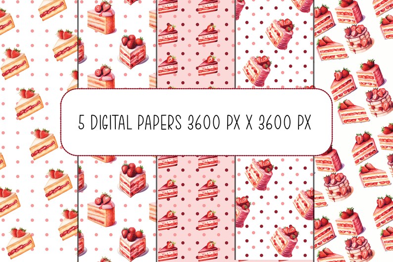 Strawberry Cake Clip Art: Digital Papers & Seamless Patterns (PNG ...