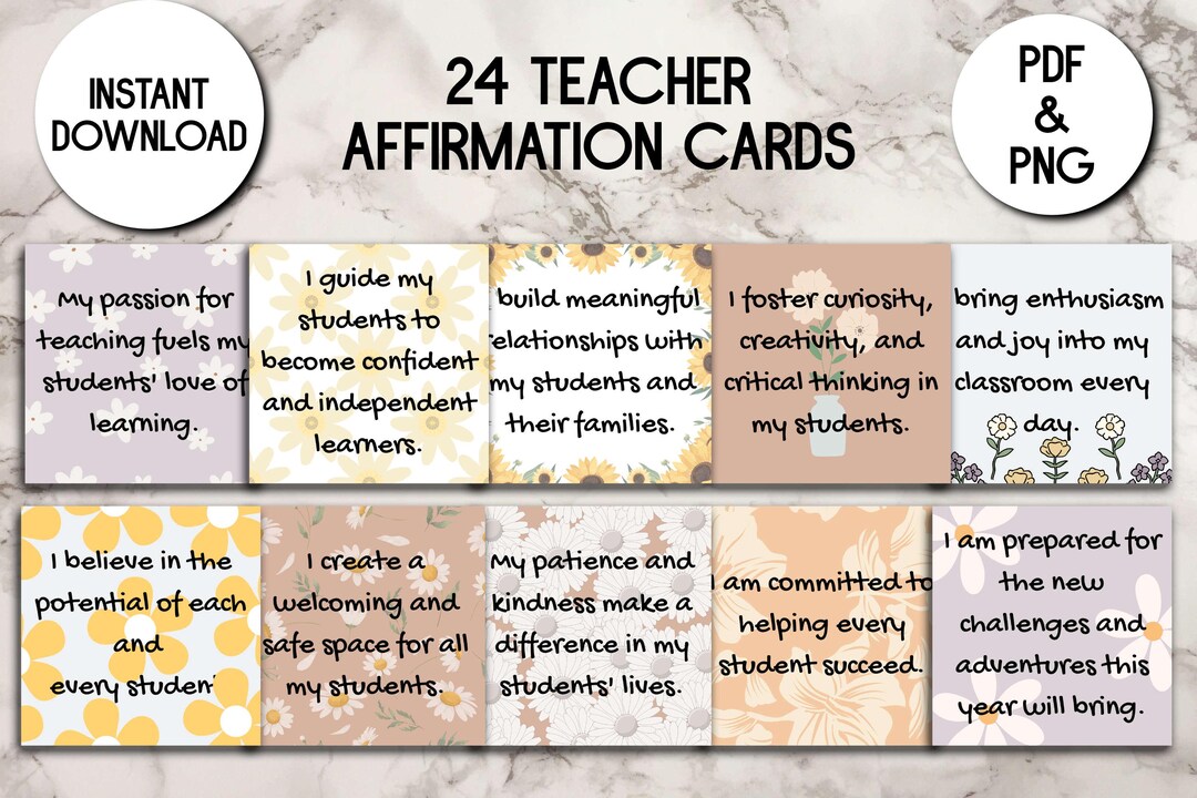 24 Teacher Positive Affirmation Cards 3 Inch Square Printable Instant ...