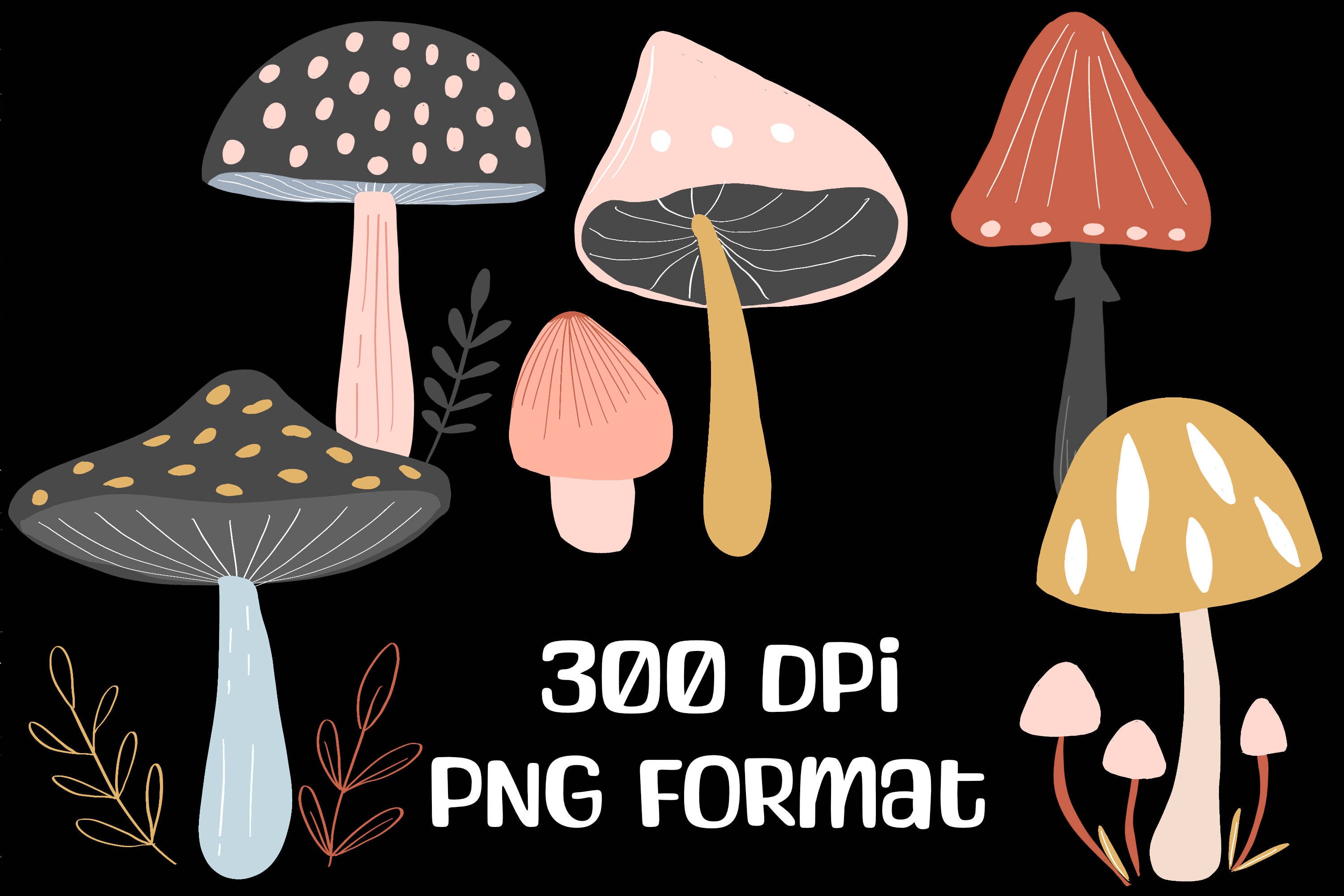 Digital Download 15 Hand-drawn Boho Mushrooms Clip Art Commercial Use ...