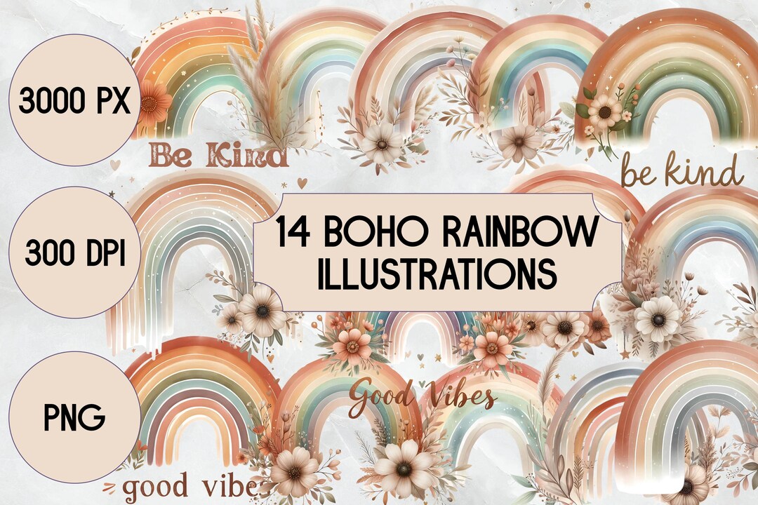 Boho Rainbow Clipart: Floral Rainbow Illustrations, PNG (digital ...