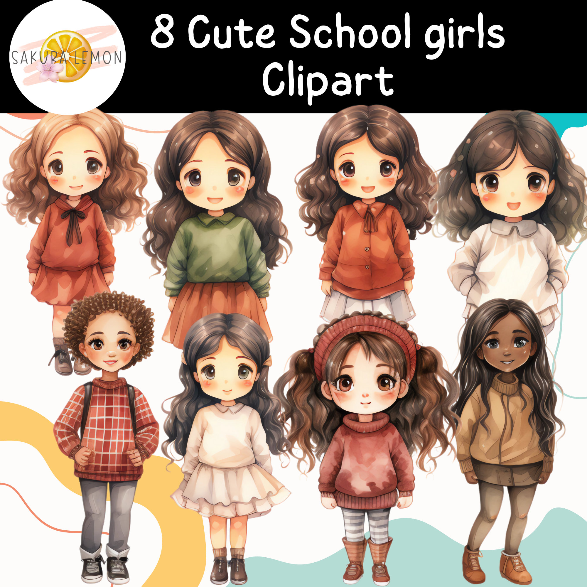 Digital Download 8 Cute Girls Clip Art PNG 300 Dpi Commercial Use ...