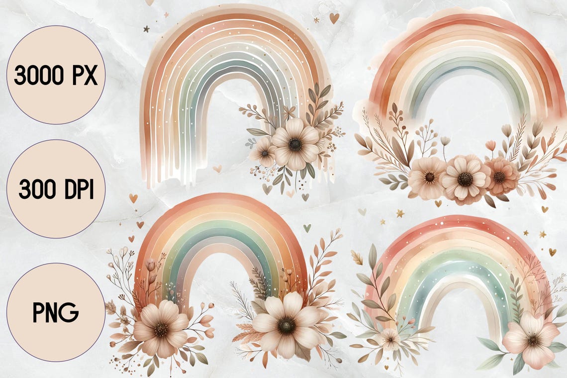 Boho Rainbow Clipart: Floral Rainbow Illustrations, PNG (digital ...