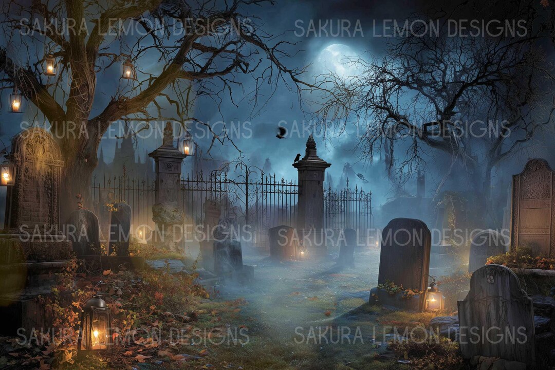 Spooky Cemetery Halloween Digital Backdrop: 3 High-res Jpegs (instant ...