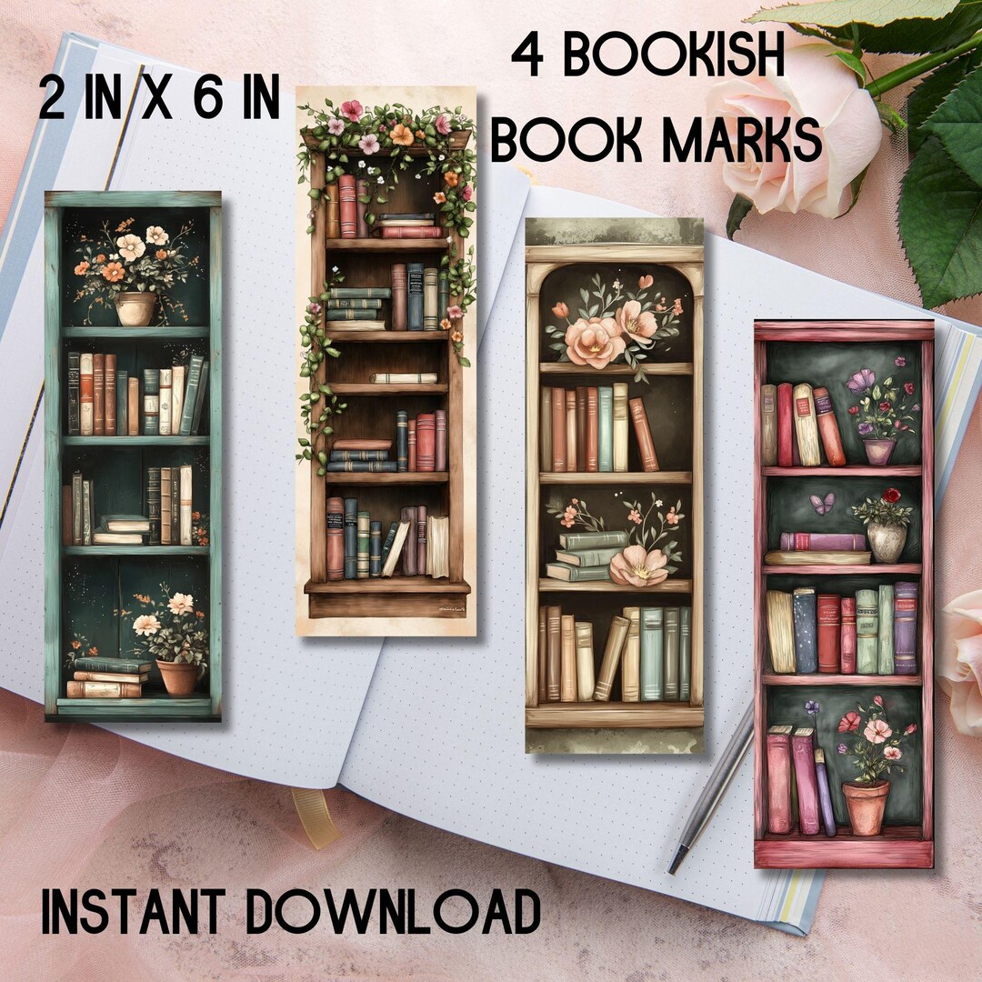 4 Bookshelves Bookmarks Instant Download Bookish Gift Book and Reading ...
