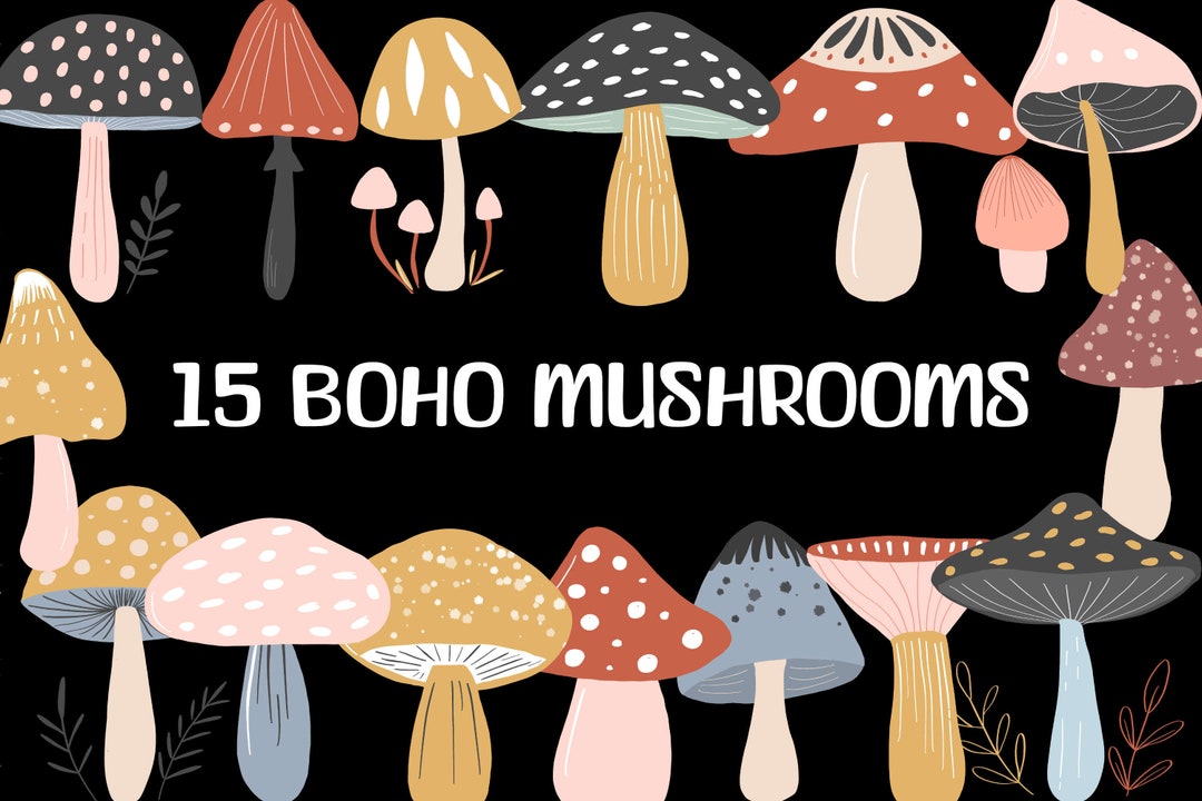 Digital Download 15 Hand-drawn Boho Mushrooms Clip Art Commercial Use ...