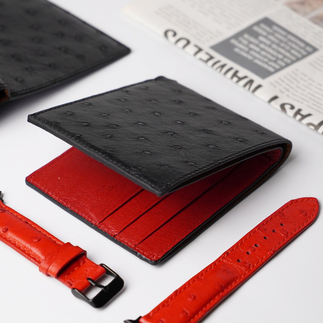 Black Red Leather Bifold Wallet Double Sided Genuine Ostrich - Etsy